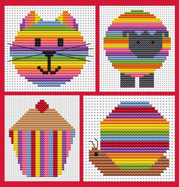 Sew Simple Set Of 4 Stripey Cross Stitch Kits - Cat Head, Cupcake ...